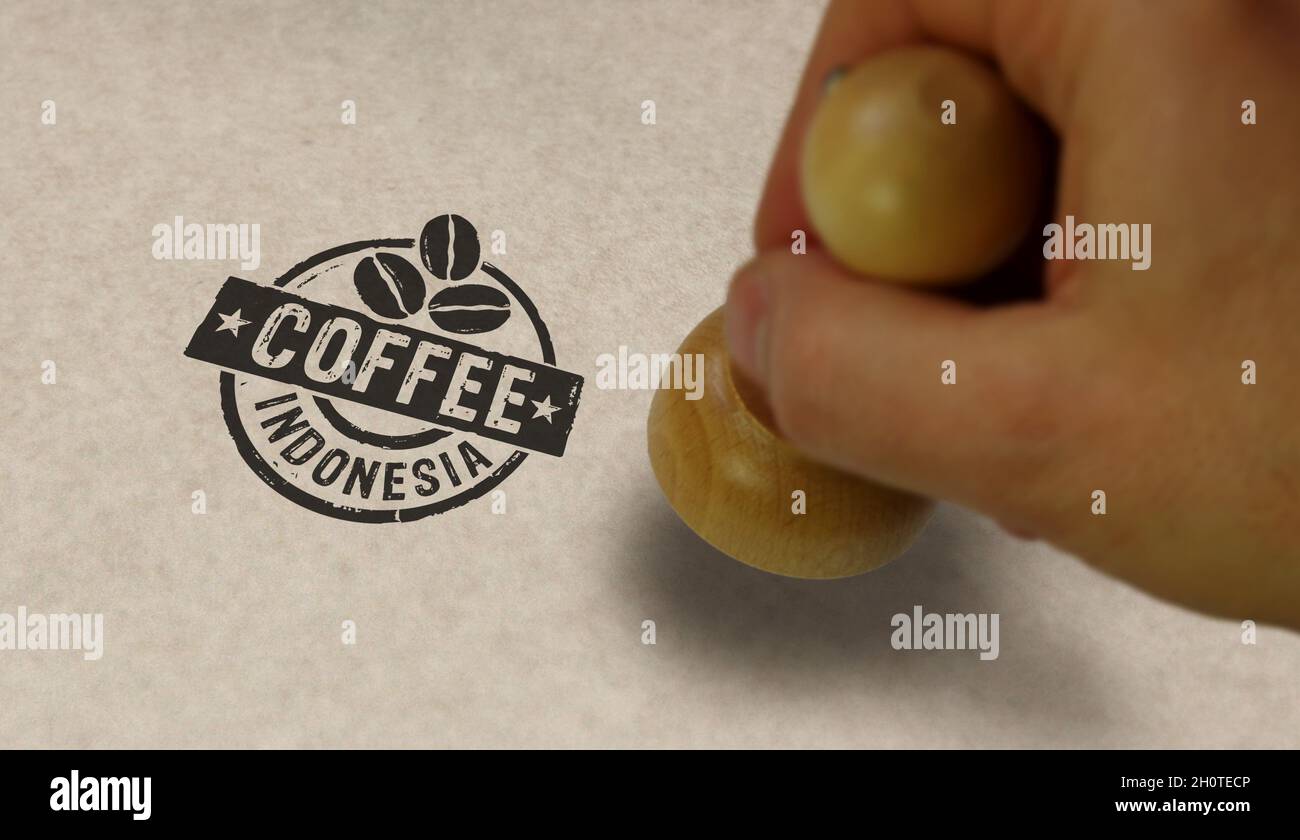 Coffee Indonesia stamp and stamping hand. Factory, manufacturing and ...