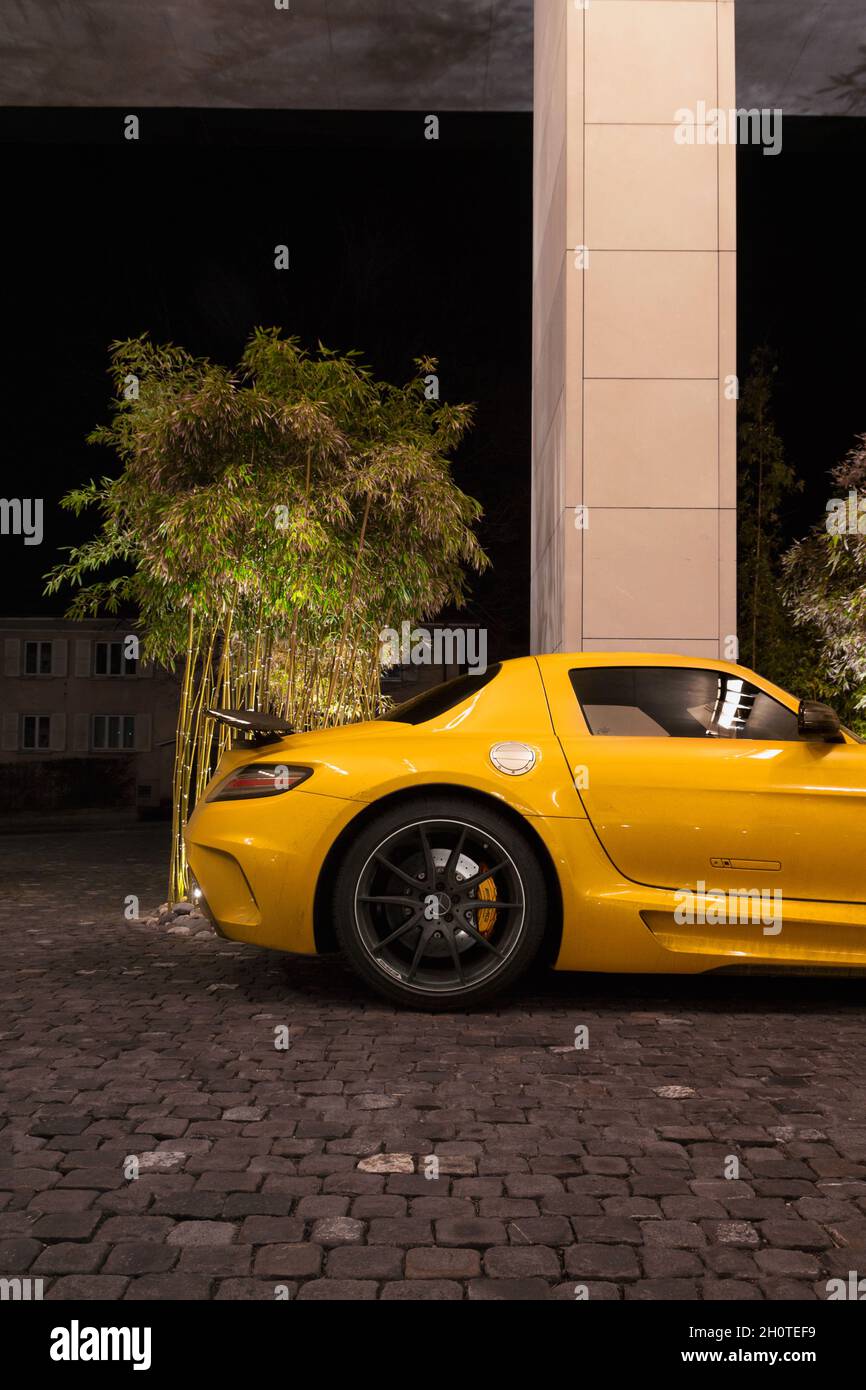 Yellow Mercedes-Benz SLS AMG Black Series supercar parked at a luxury ...