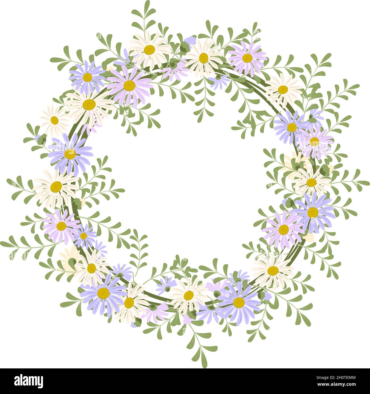 Daisy wreath. Round frame, cute purple and white flowers chamomile with ...