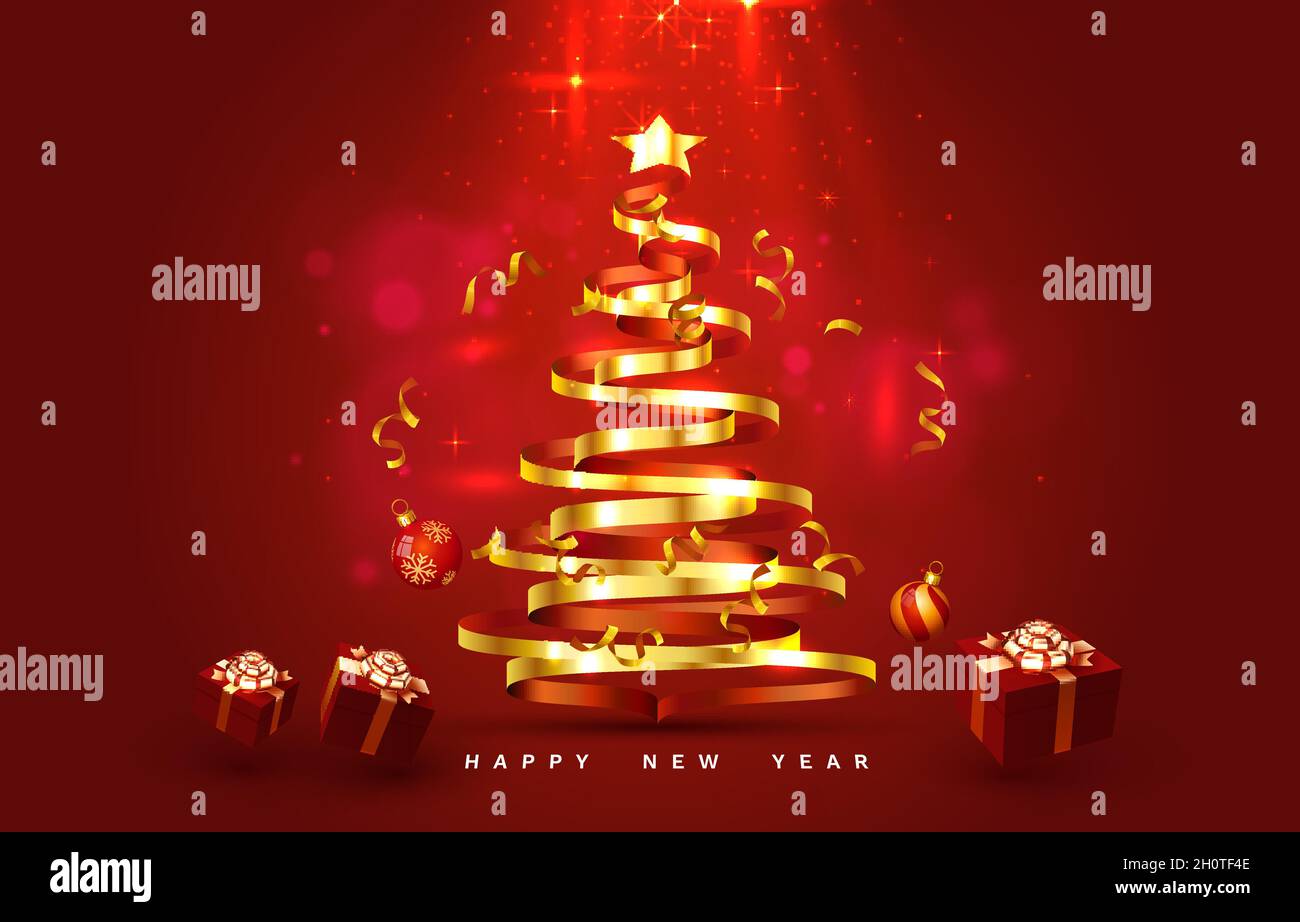 Merry Christmas Happy New Year tree with toys, card banner. Vector ...