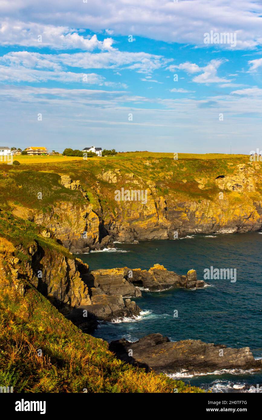 Rocky cliffs and coastline in summer at Housel Bay on the South West ...