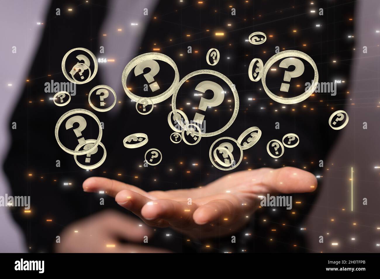 3D rendering of a Businessman solving a problem with digital question marks Stock Photo - Alamy