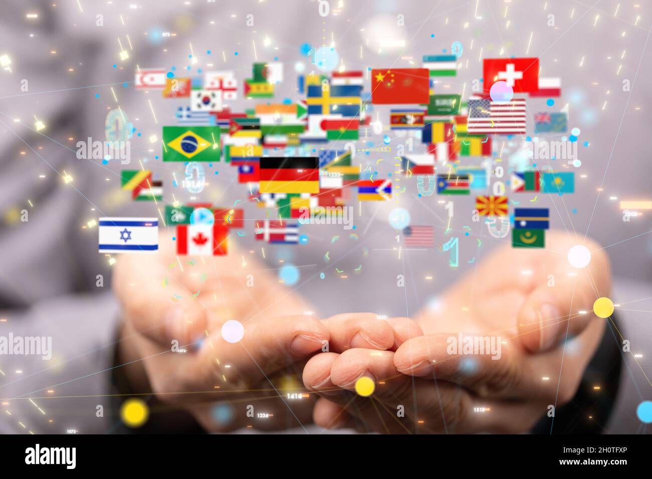 3D rendering of the world's flags and male hands on the background ...