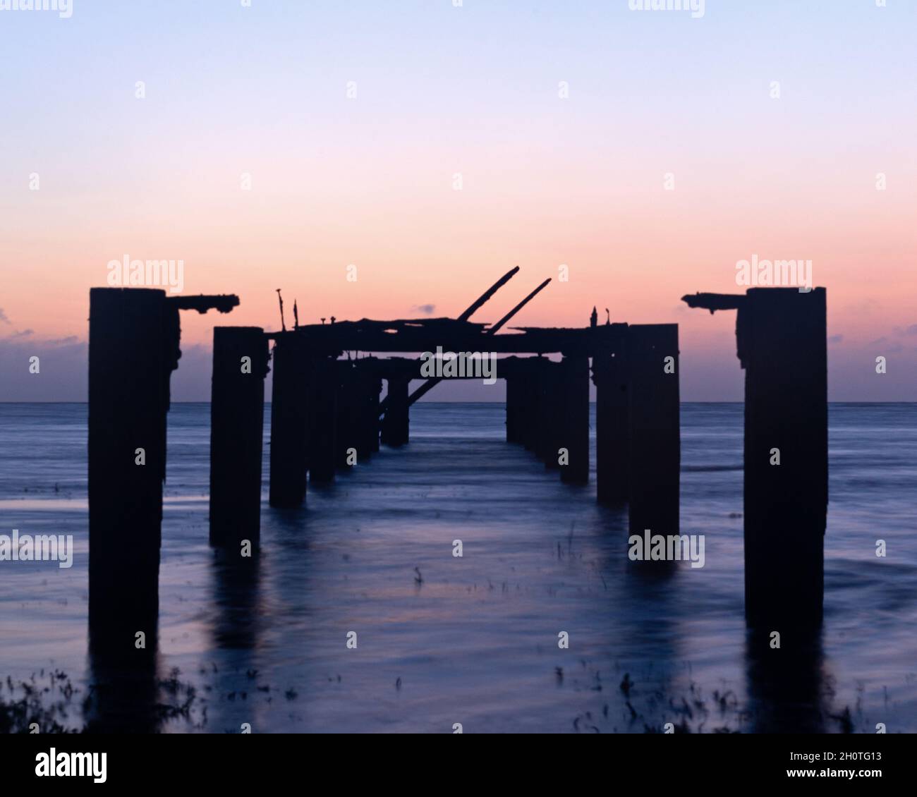 the wooden remains of an old pier at RSPB Snettisham Nature Reserve on ...