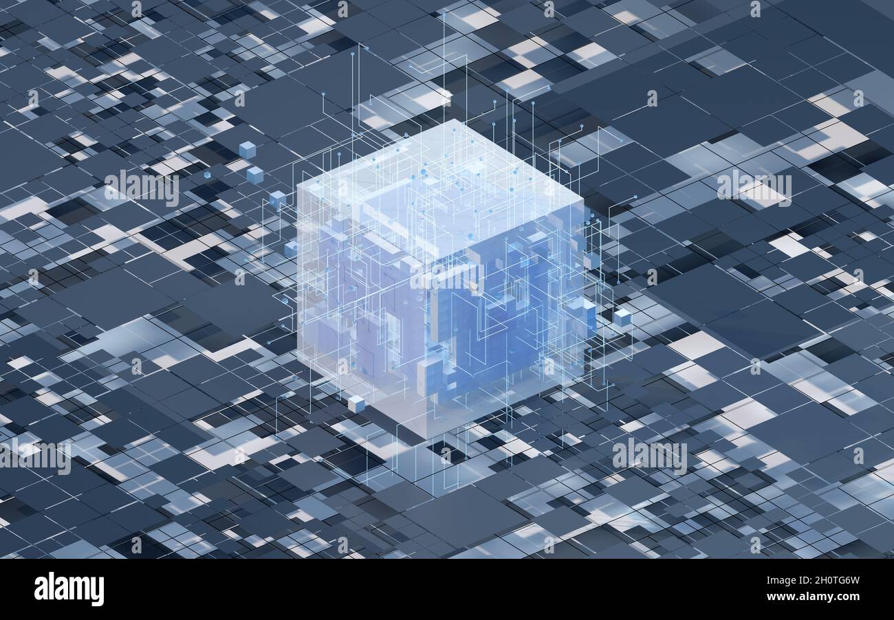 Blocks and circuits, materials science and technology, 3d rendering ...