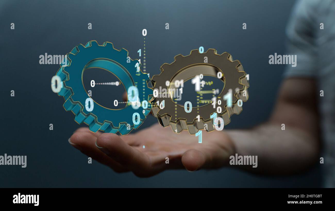 3D rendering of floating gears on a man's hand - engineering concept ...