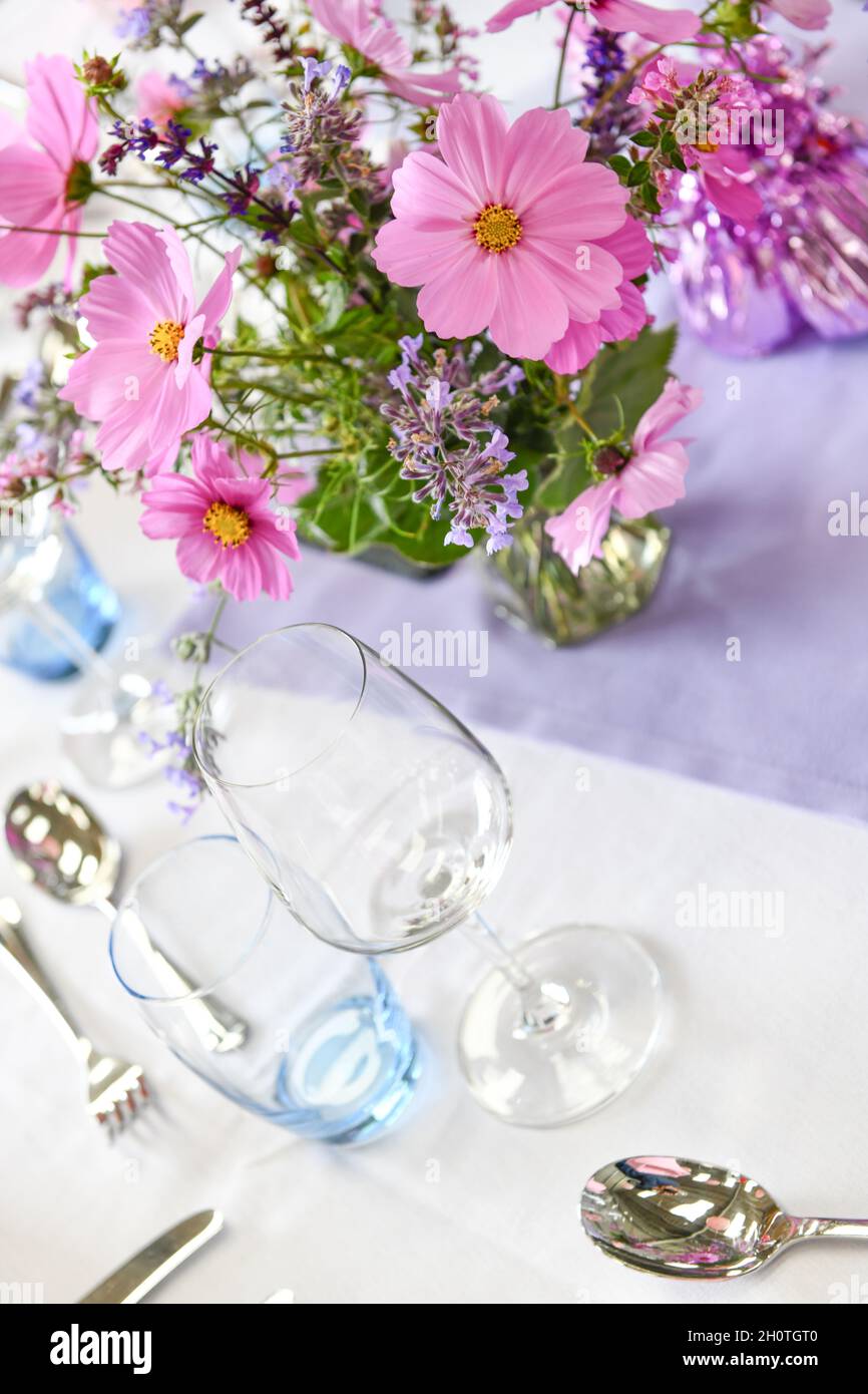 close up from above of table place setting at formal dinner party Stock ...