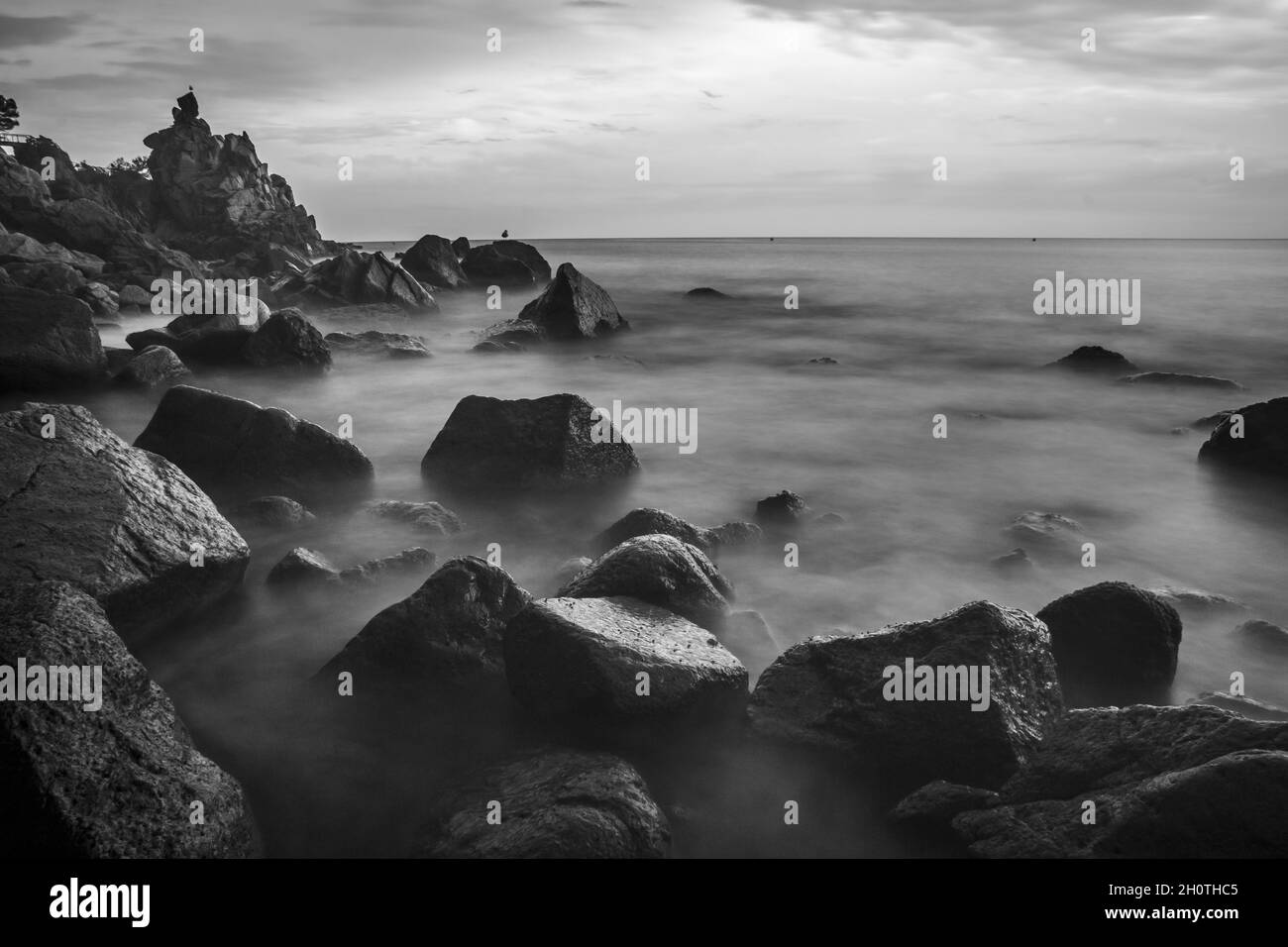 Grayscale shot of stones in the water on the shore Stock Photo - Alamy
