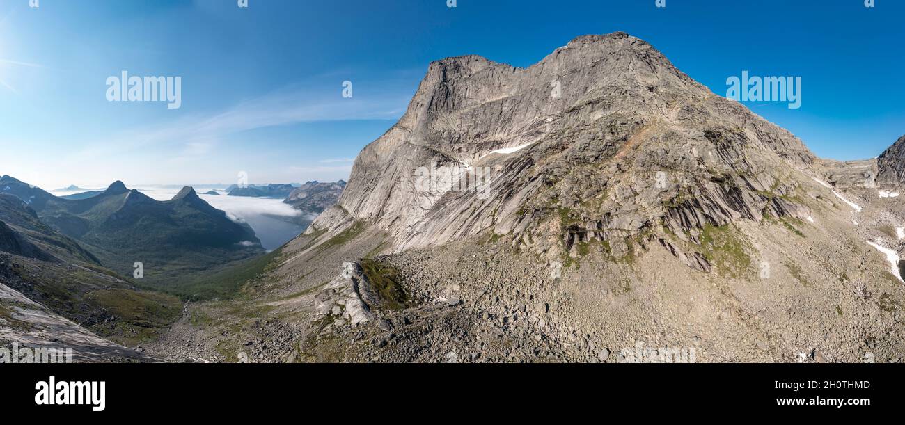 Aerial view of mt. Stetind, famous norwegian mountain, seen from half ...