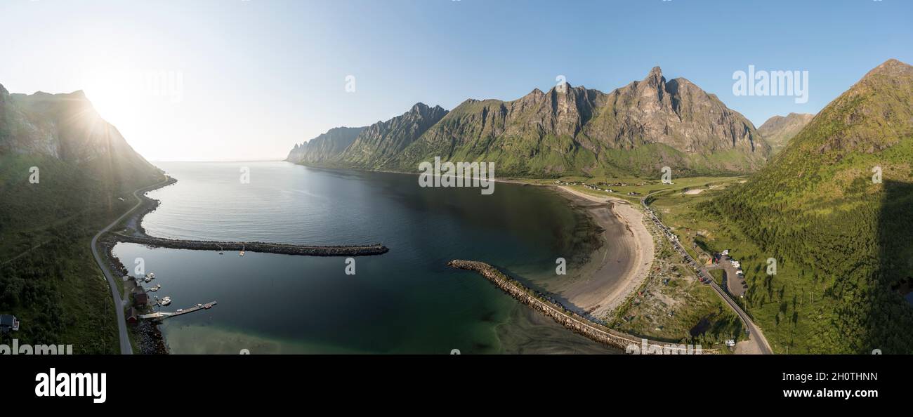 Panoramic aerial view of campsite at beach Ersfjordstranden, fjord ...