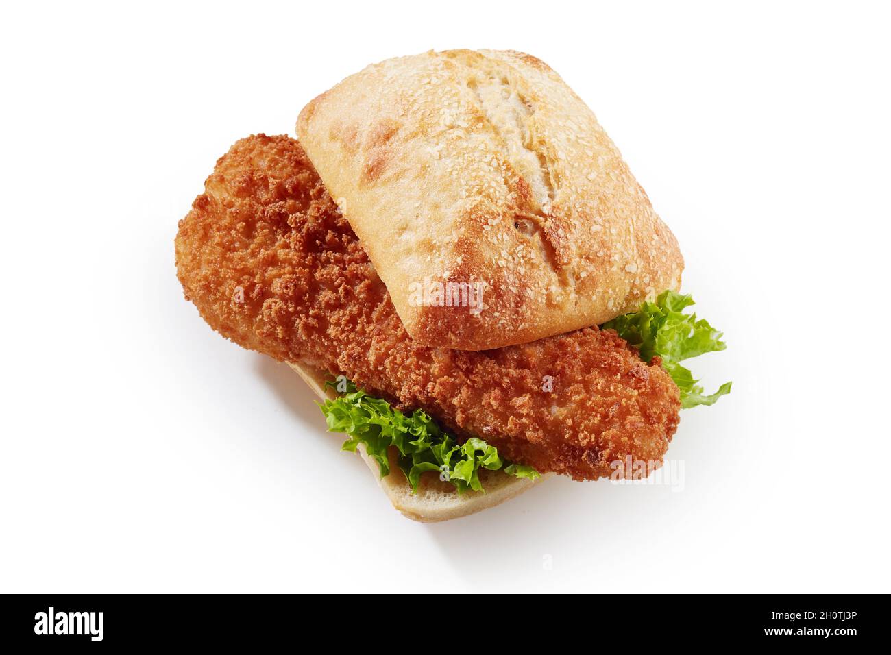 Closeup of a sandwich with delicious haddock fishcake on a white ...