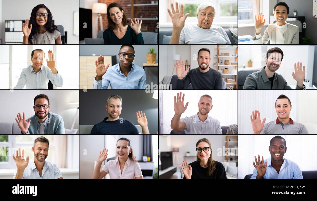 Online Video Conferencing Call Waving Hand Group Chat Screen Stock ...