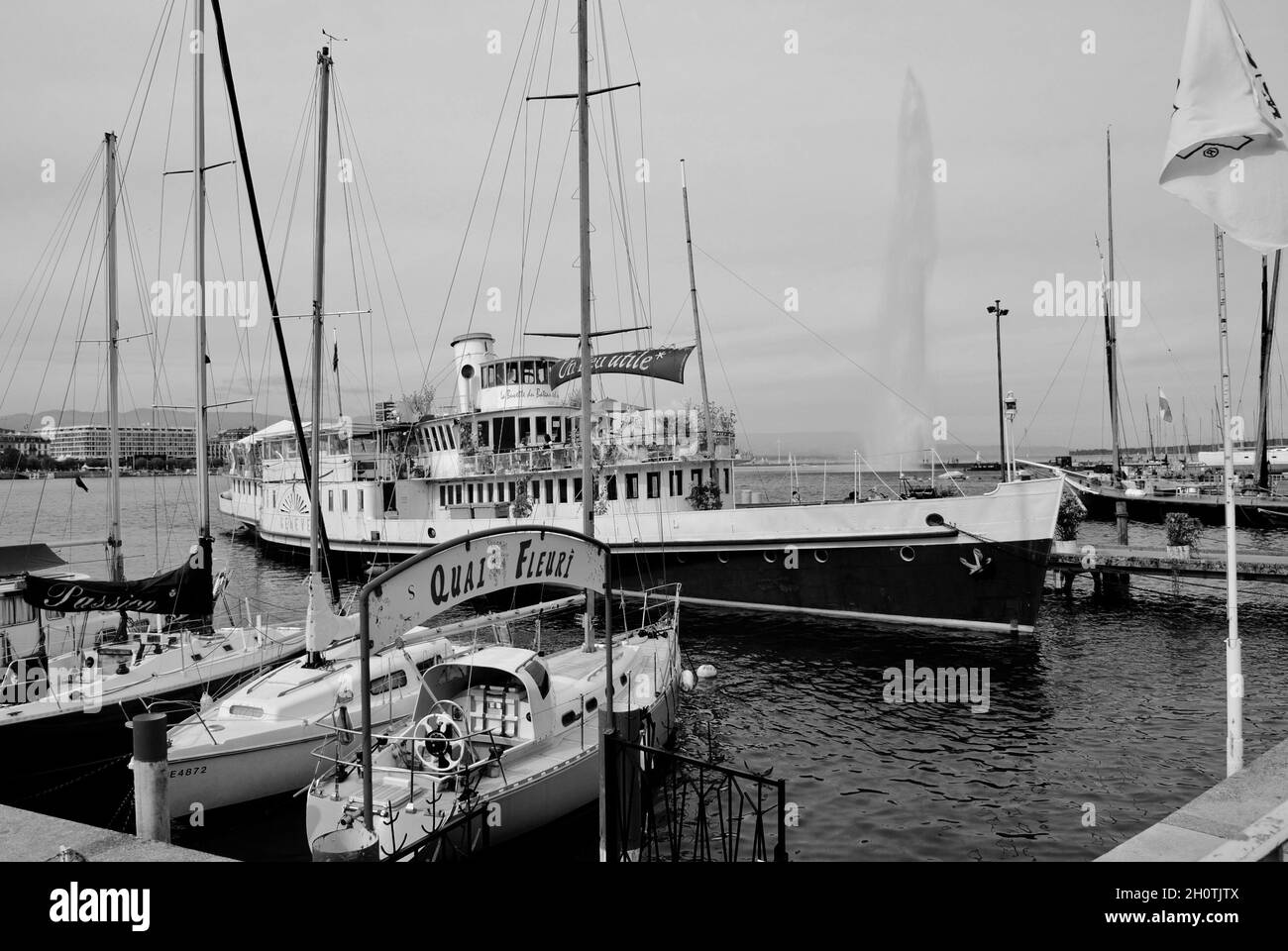 Black and white photo of Geneva harbor in Switzerland Stock Photo - Alamy