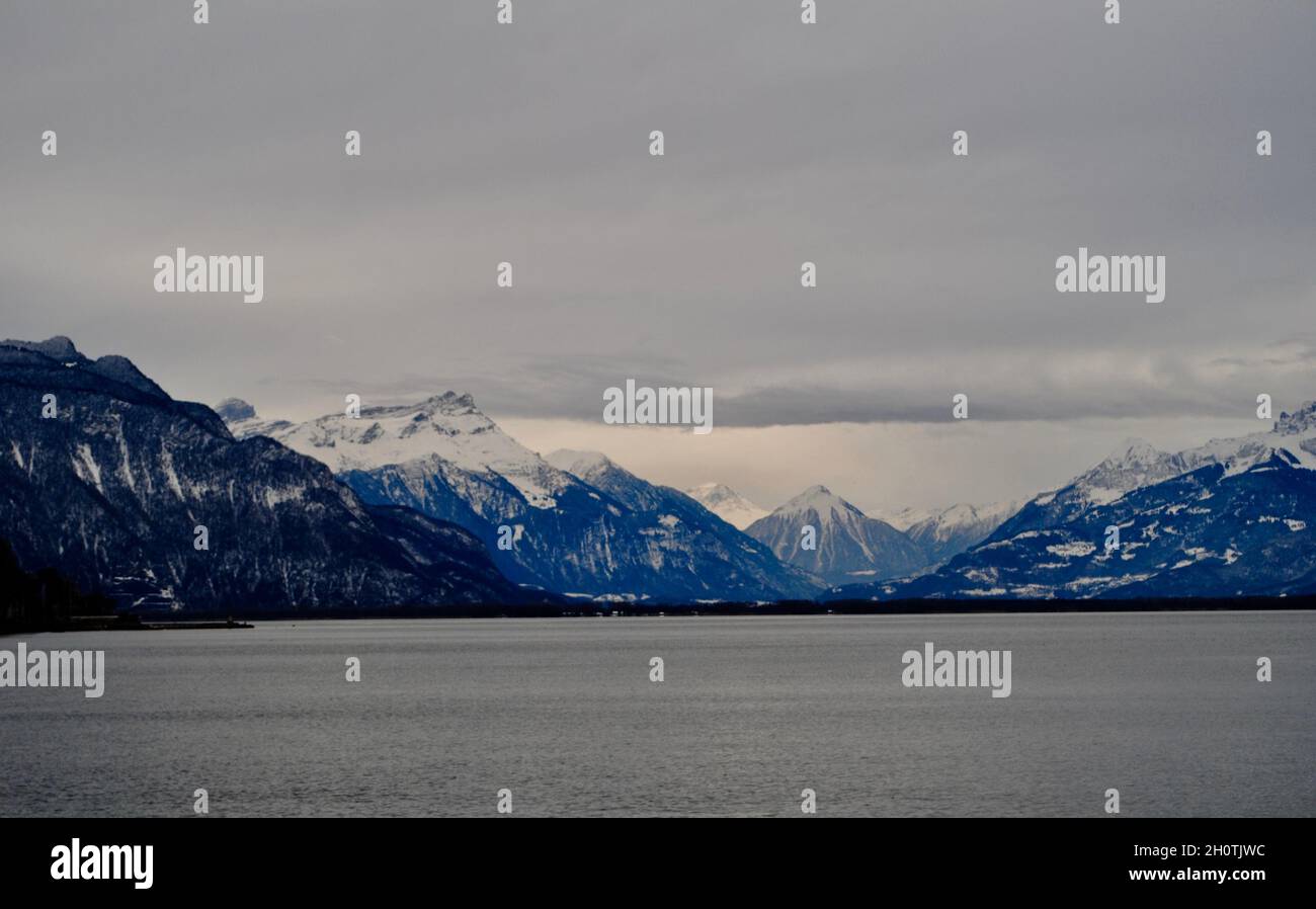 Lake Geneva and the Alps in the east seen from Geneva, Switzerland ...