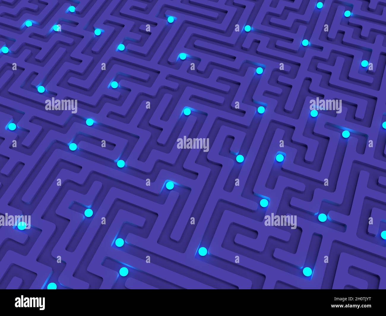 A purple maze with glowing blue points navigating it Stock Photo - Alamy