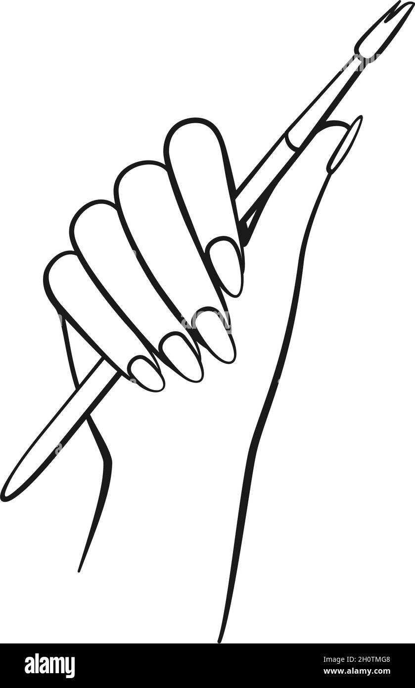 Female hand with acrylic nail brush or artist paint brush in line art ...