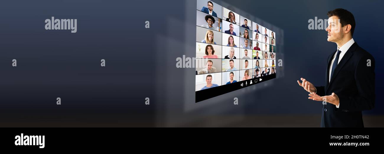 Speaker At Virtual Training Seminar. Training Conference With Audience ...