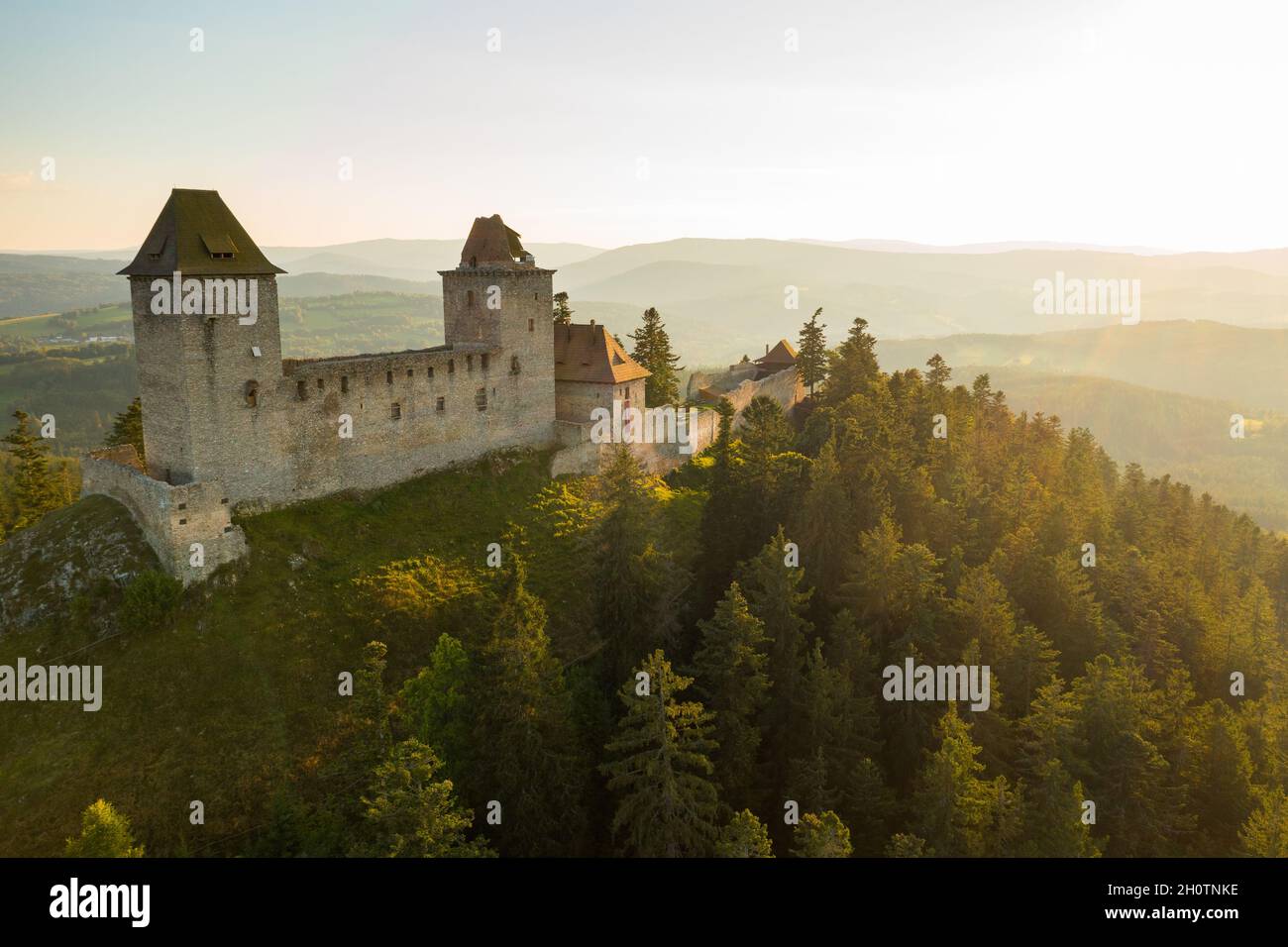 Aerial view of medieval Kasperk castle in a sunny day in South Bohemia ...