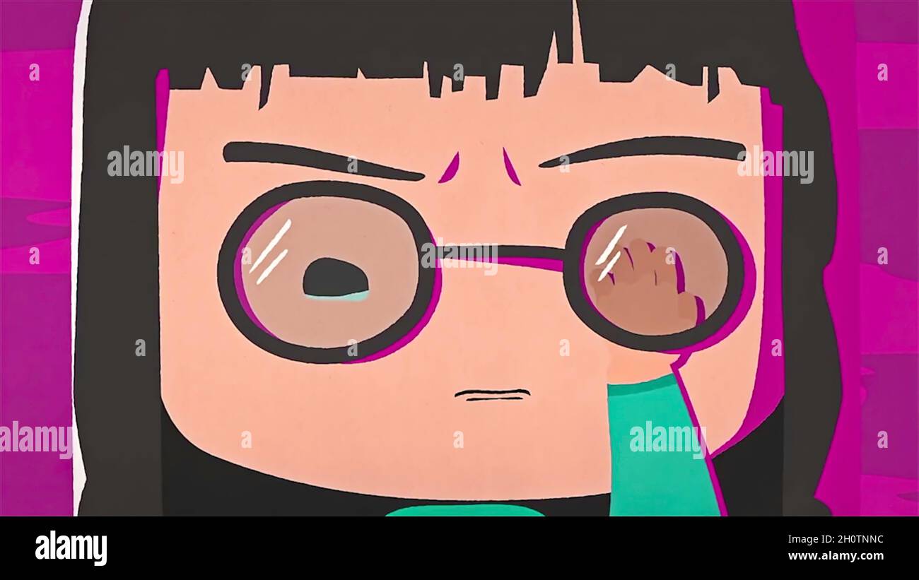 Animation of crying girl, cartoon character with dark hair and glasses ...