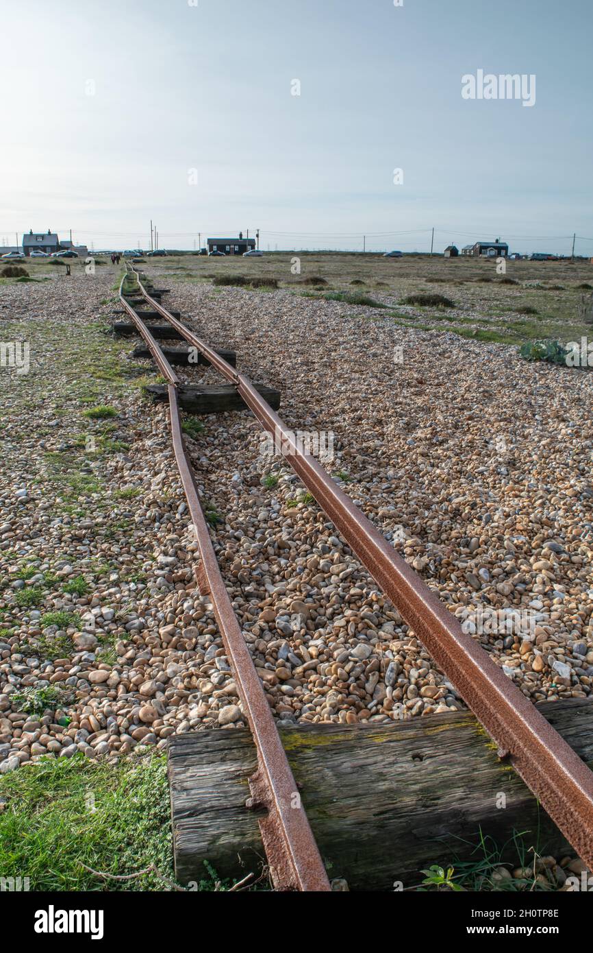 Abandoned fishing rail track at the beach of Dungeness, Kent, England ...