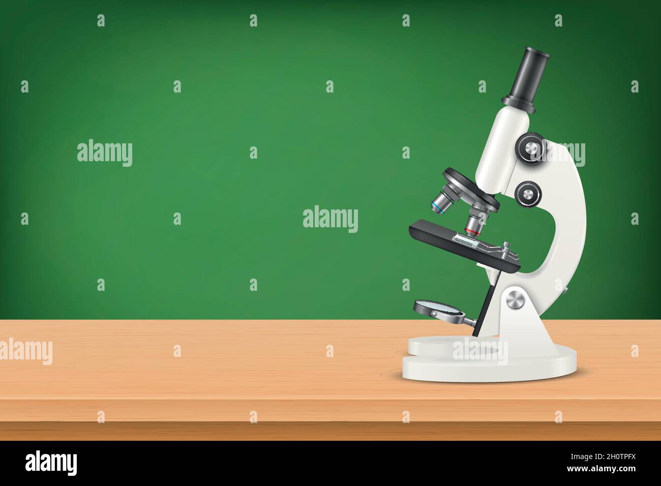 Vector 3d Realistic White Laboratory Microscope on the Wooden Table Against the School Green ...