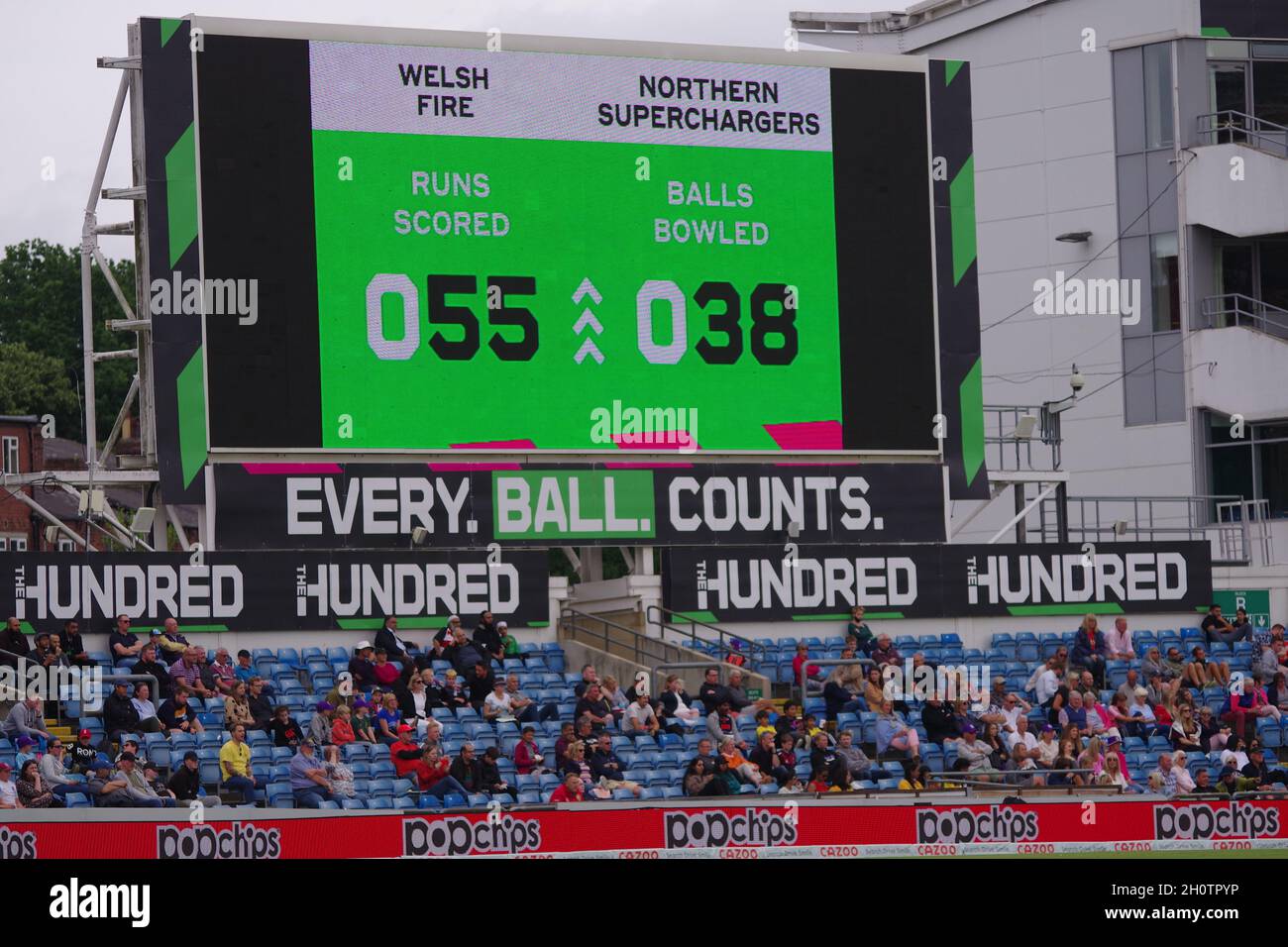 Leeds, England, 24 July 2021. The Headingley scoreboard during the Welsh Fire innings against ...