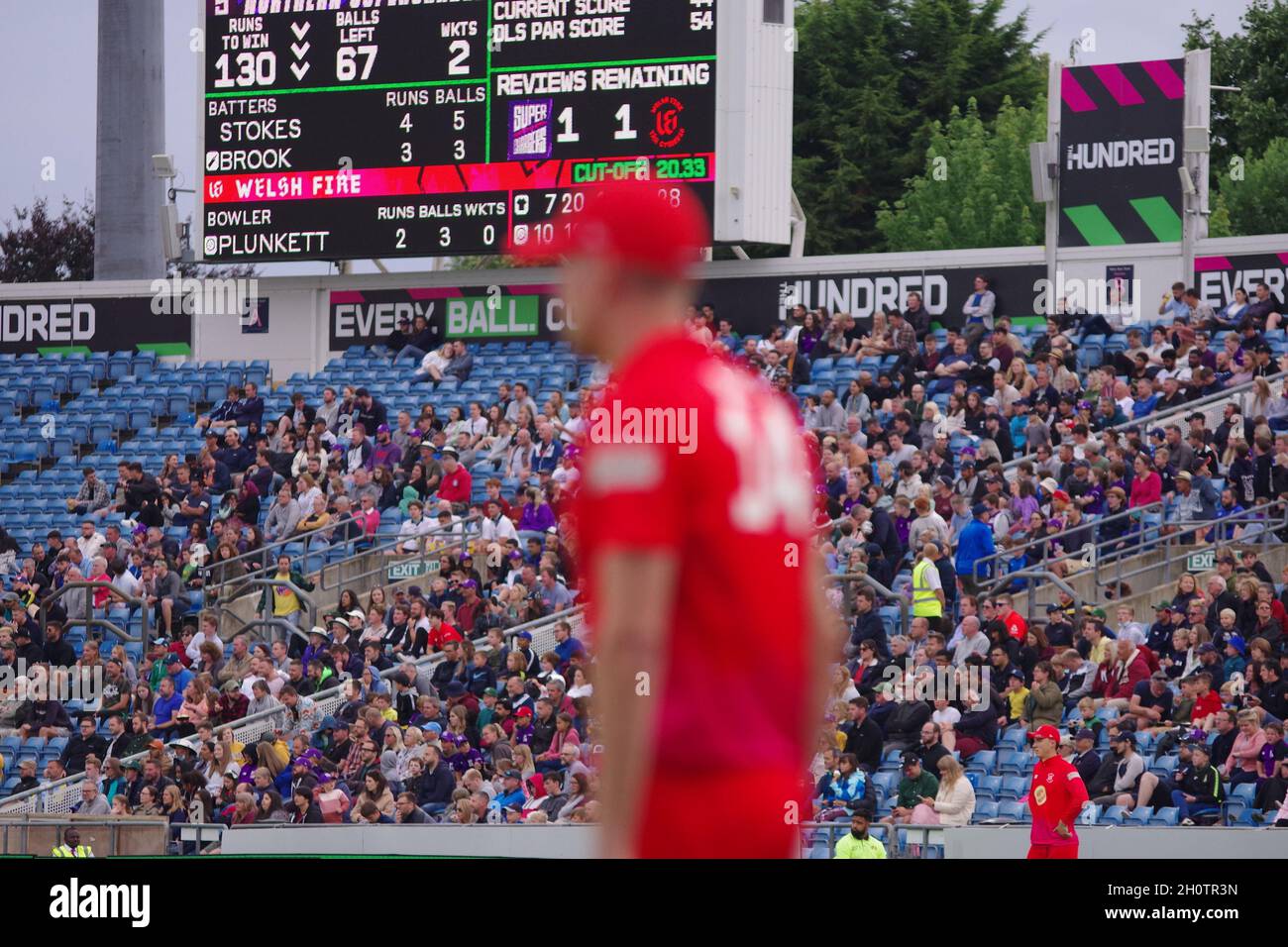 Leeds, England, 24 July 2021. The scoreboard and crowd at a The Hundred ...