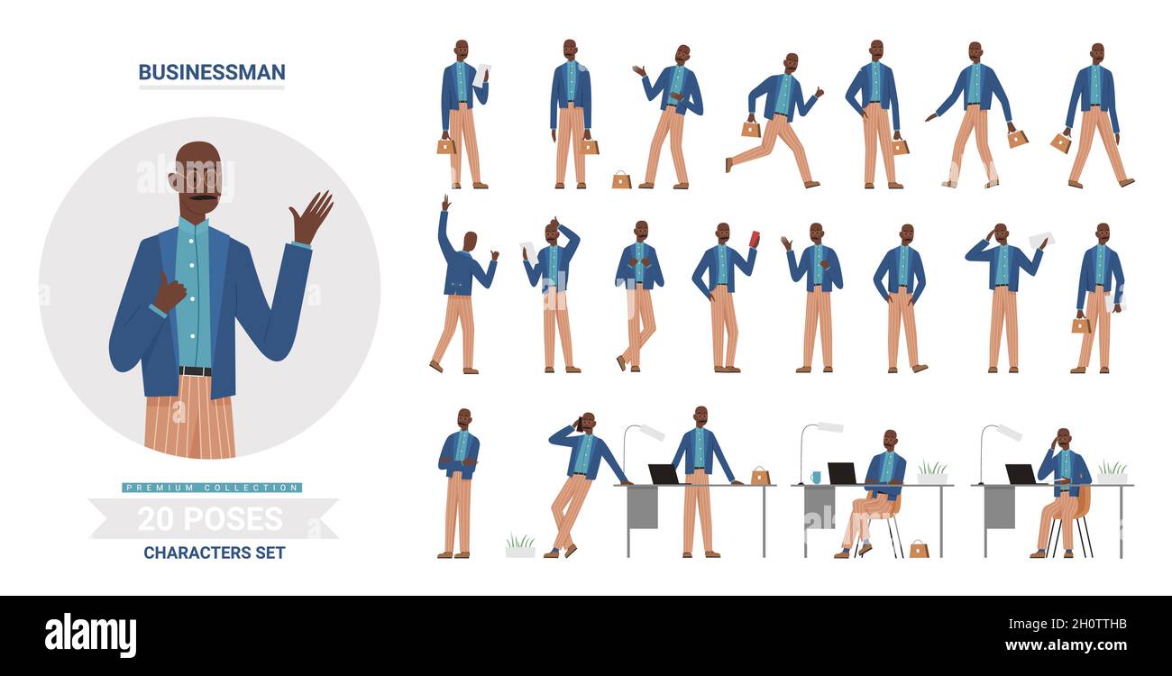 Businessman teacher poses infographic illustration set. Cartoon ...