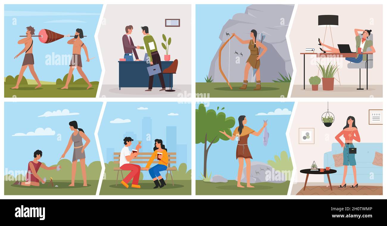 Lifestyle comparison of caveman and modern man woman set vector ...