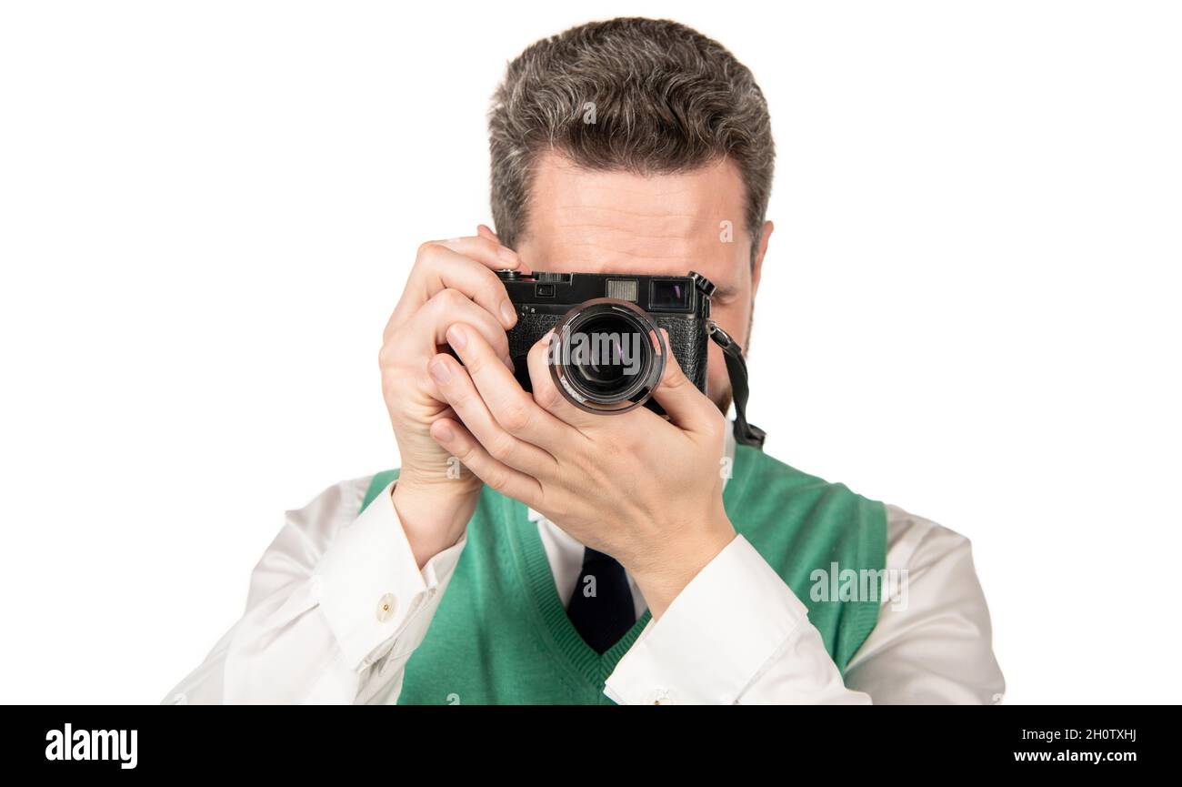 photographer with professional camera isolated on white, photoshoot ...
