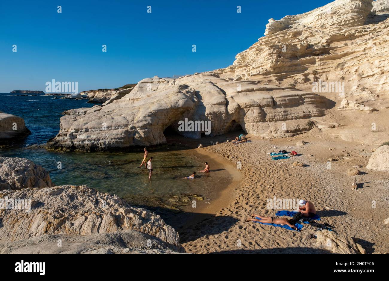 Secluded beach and limestone rock formations, Sea Caves, Peyia, Paphos ...