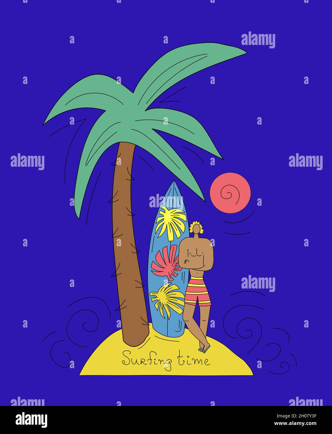 Surfer with a board at sunset under a palm tree in cartoon style ...