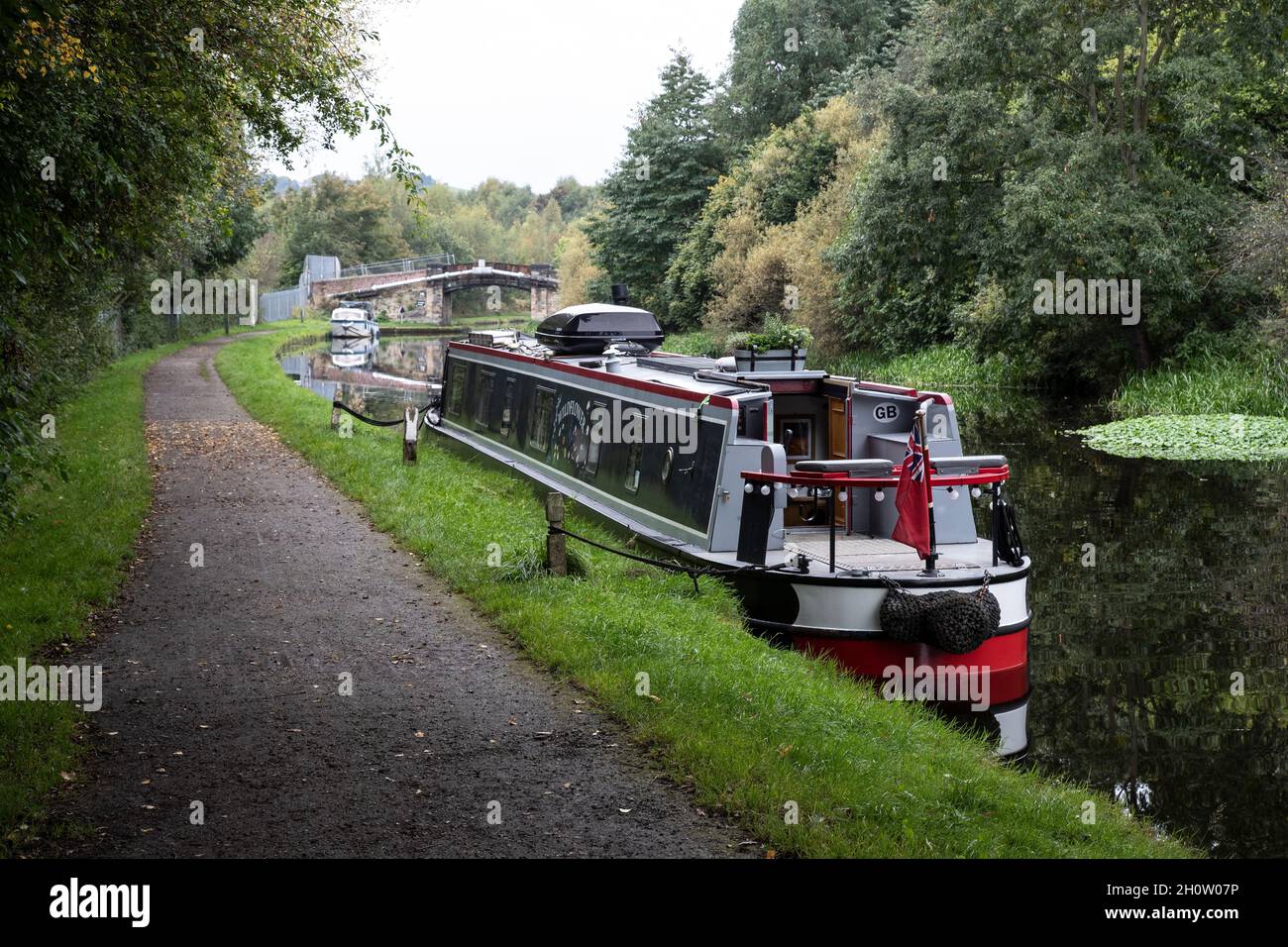 A pair of narrow boats moored on the Calder and Hebble navigation ...