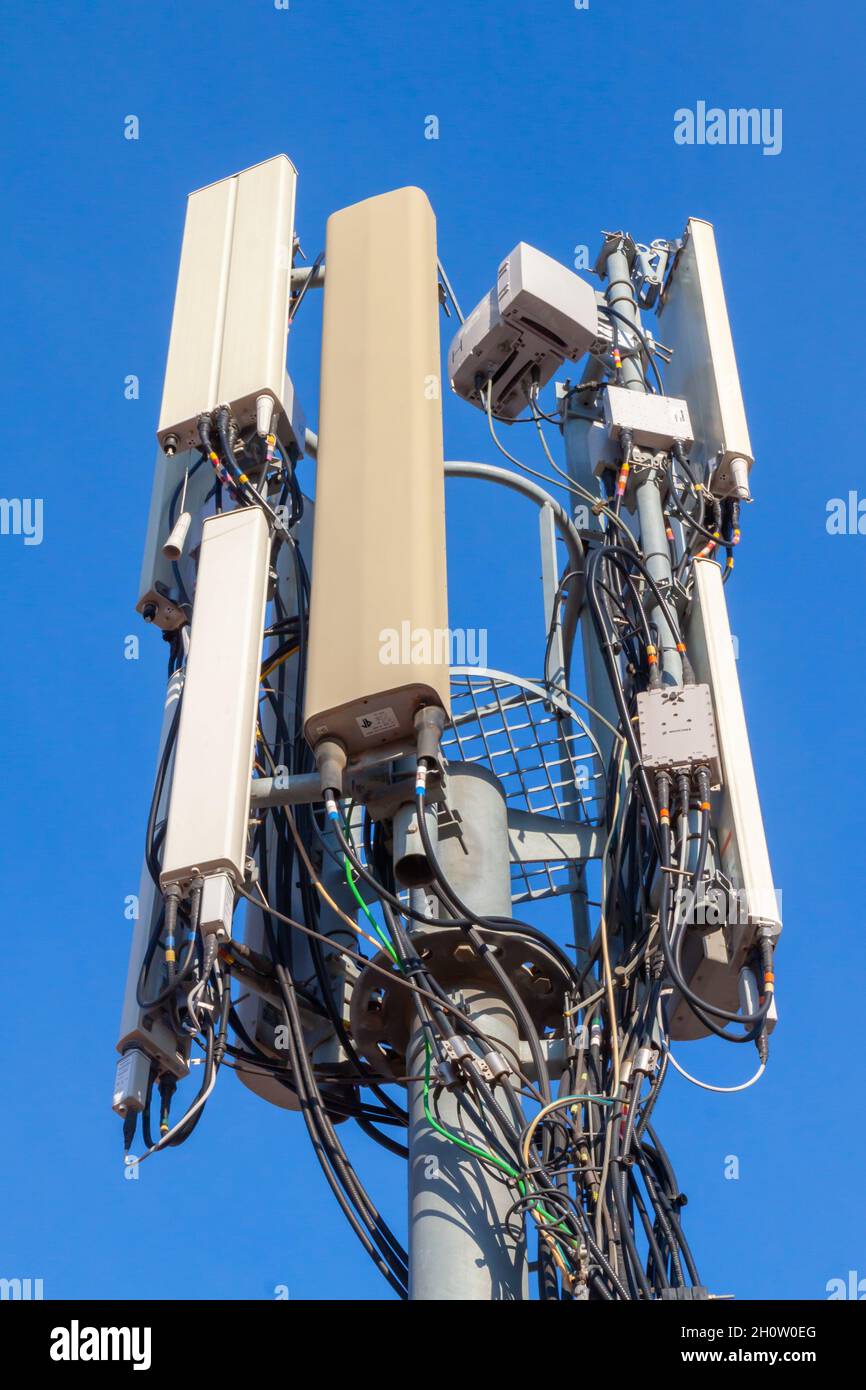 Vertical shot of an electrical transformer with the clear skies in the ...
