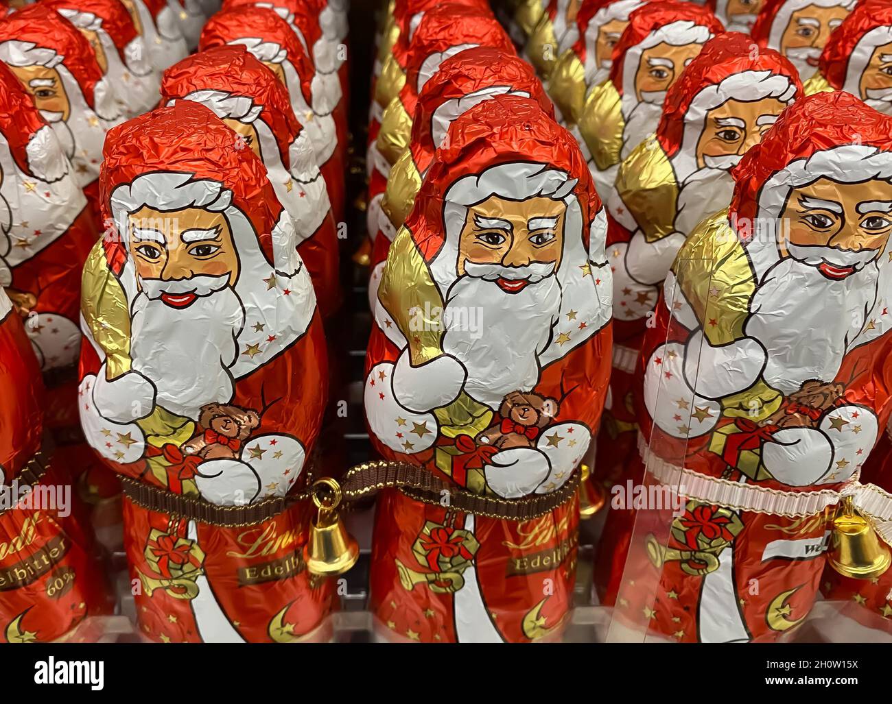 Viersen, Germany - October 9. 2021: Closeup of group many red chocolate ...