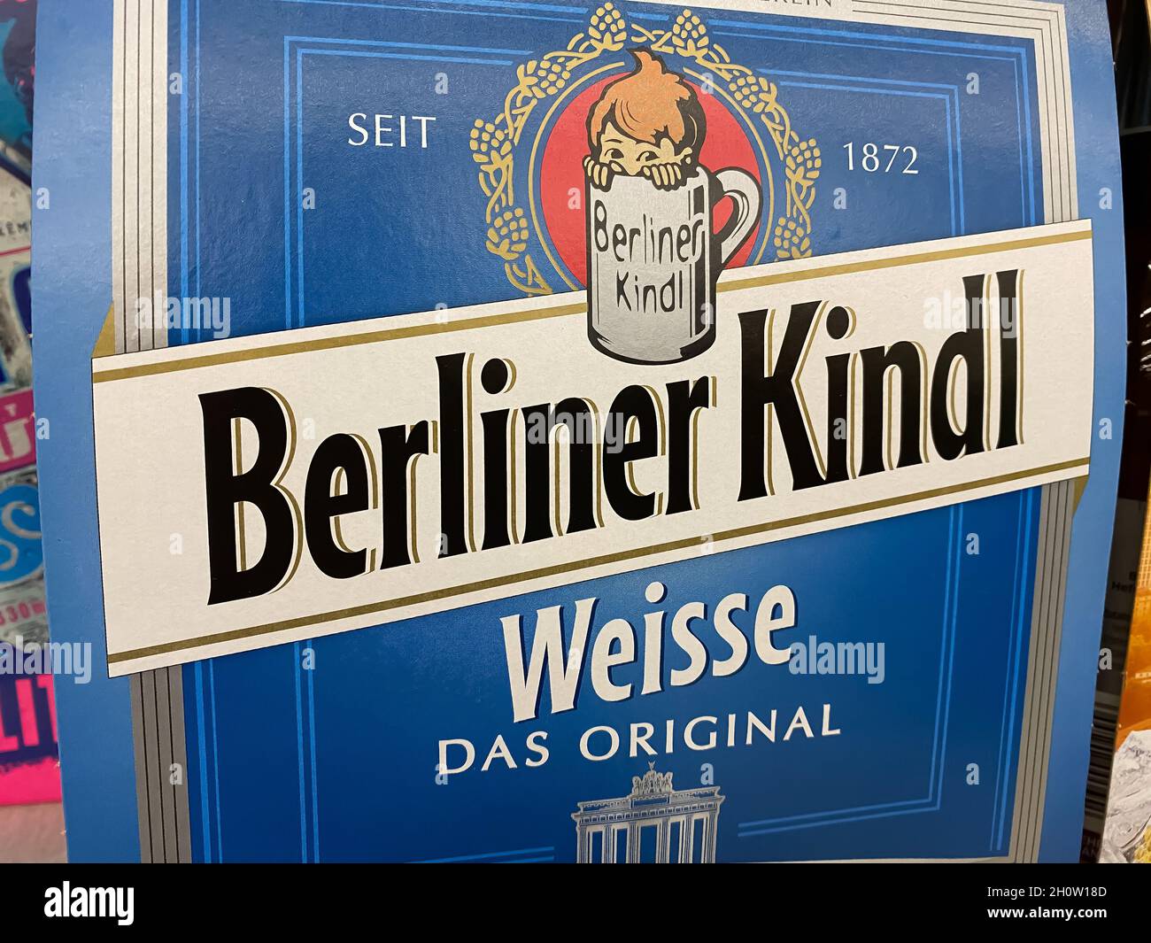 Viersen, Germany - October 9. 2021: Closeup of six pack Berliner Kindl ...