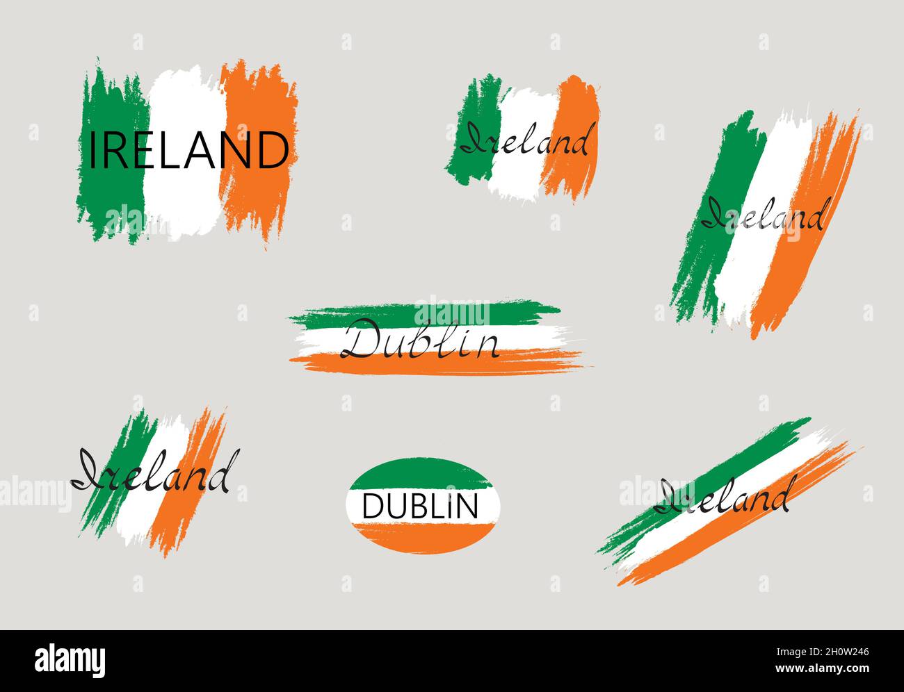Irish flag set with handwritten lettering Ireland and Dublin. Brush ...
