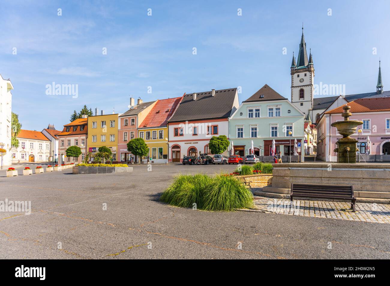 TACHOV, CZECH REPUBLIC - JULY 24, 2021: Colorful houses, fountain and ...