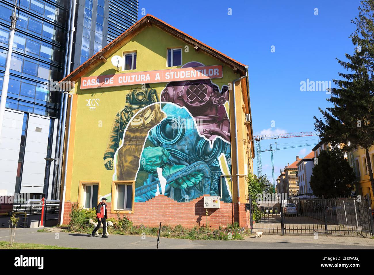 Street murals in the city of Sibiu, Transylvania, Romania Stock Photo ...