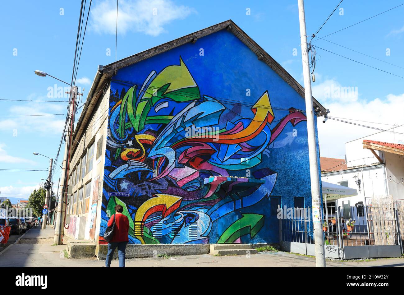 Street murals in the city of Sibiu, Transylvania, Romania Stock Photo ...