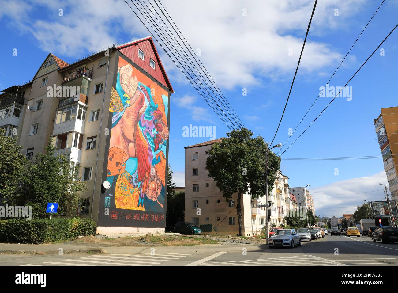 Street murals in the city of Sibiu, Transylvania, Romania Stock Photo ...