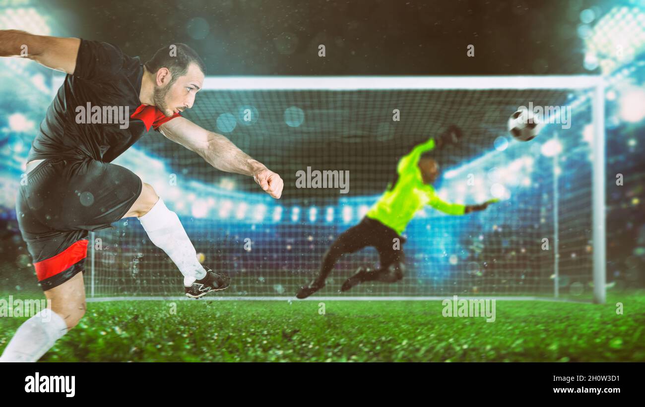 Striker kick the penalty at the stadium during a soccer match Stock ...
