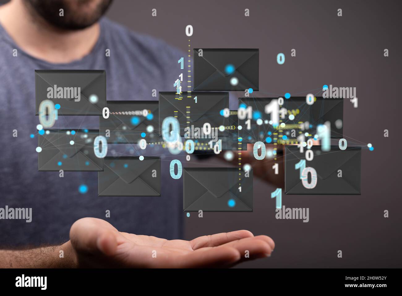 3D render of an email symbol and Network Communications with a blurry ...
