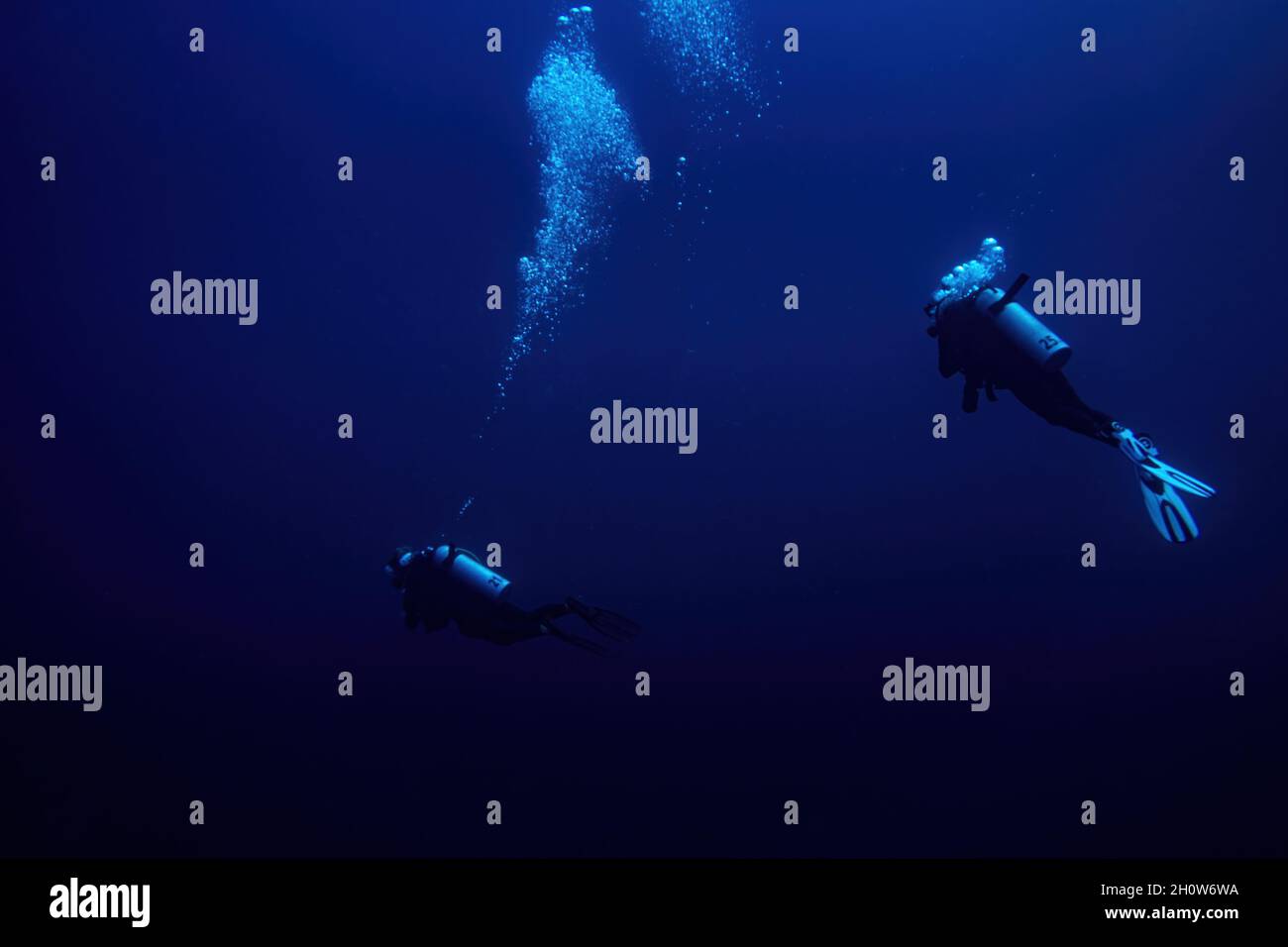 Two Scuba divers swimming in deep blue Stock Photo - Alamy