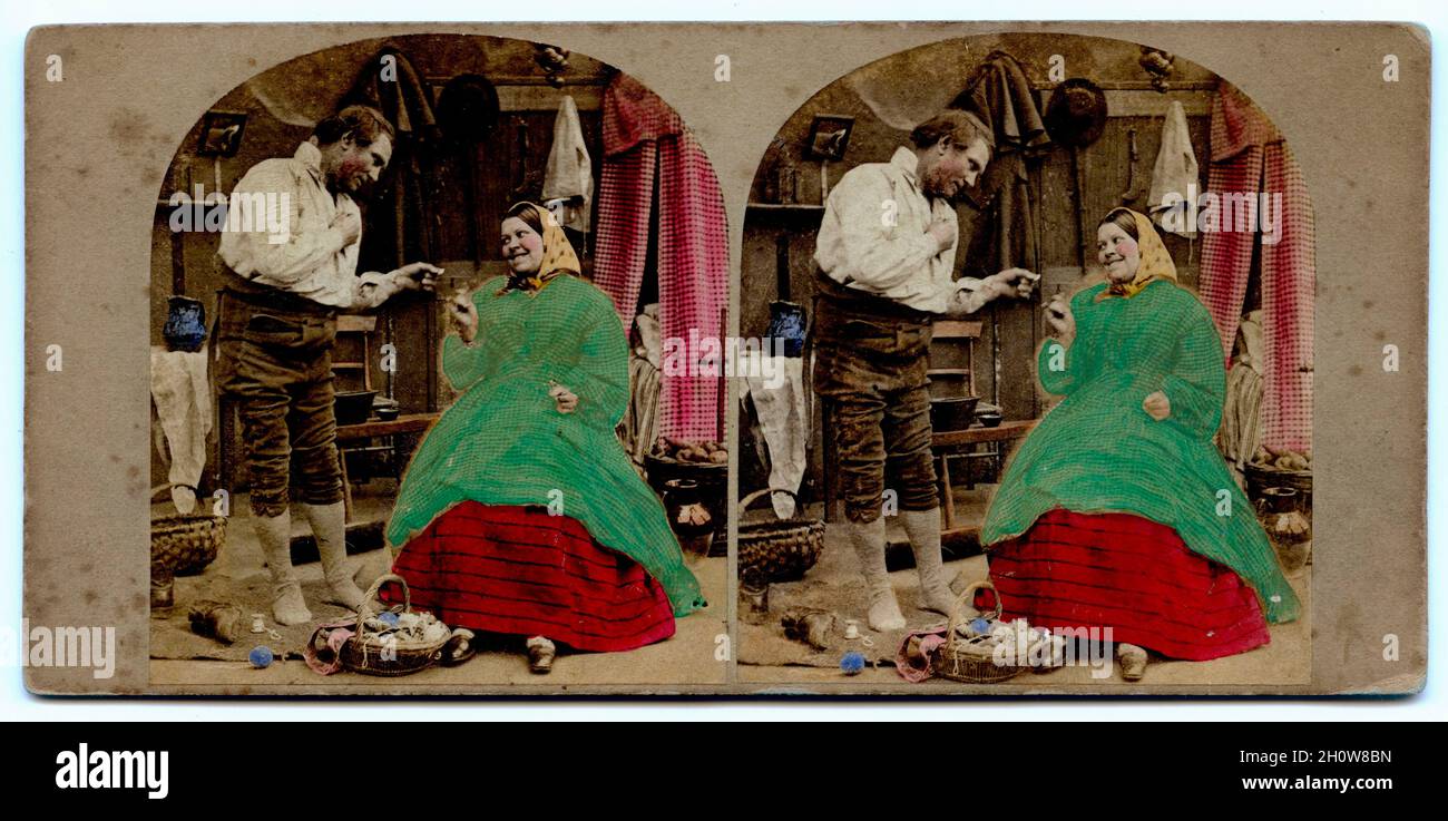 A hand-colored stereoview entitled 'The Convenience of Married Life ...