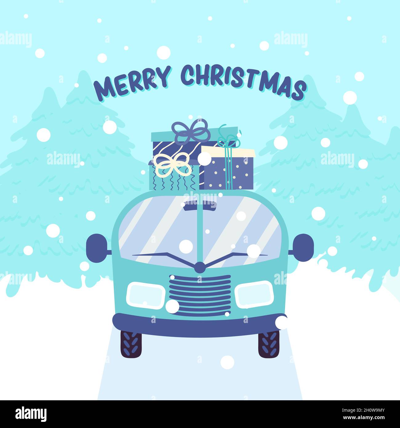 Car delivering gift boxes winter landscape. Festive Christmas ...