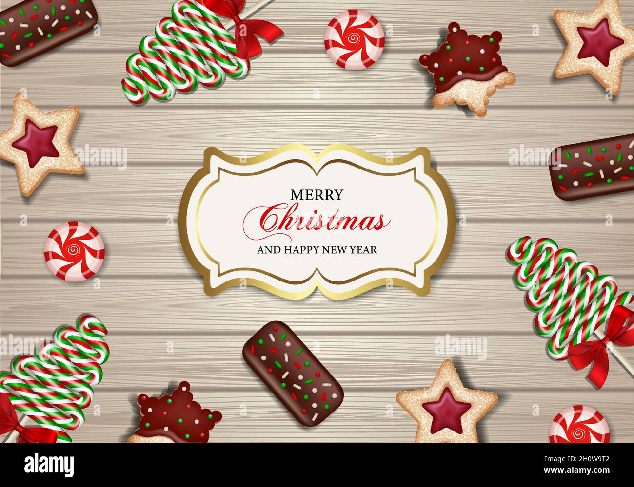 Merry christmas poster with cookies, candies and cakes on wooden ...