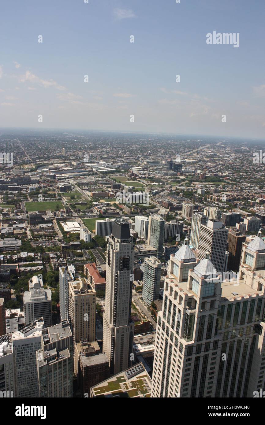 Vertical aerial view of Chicago cityscape with majestic skyscrapers ...