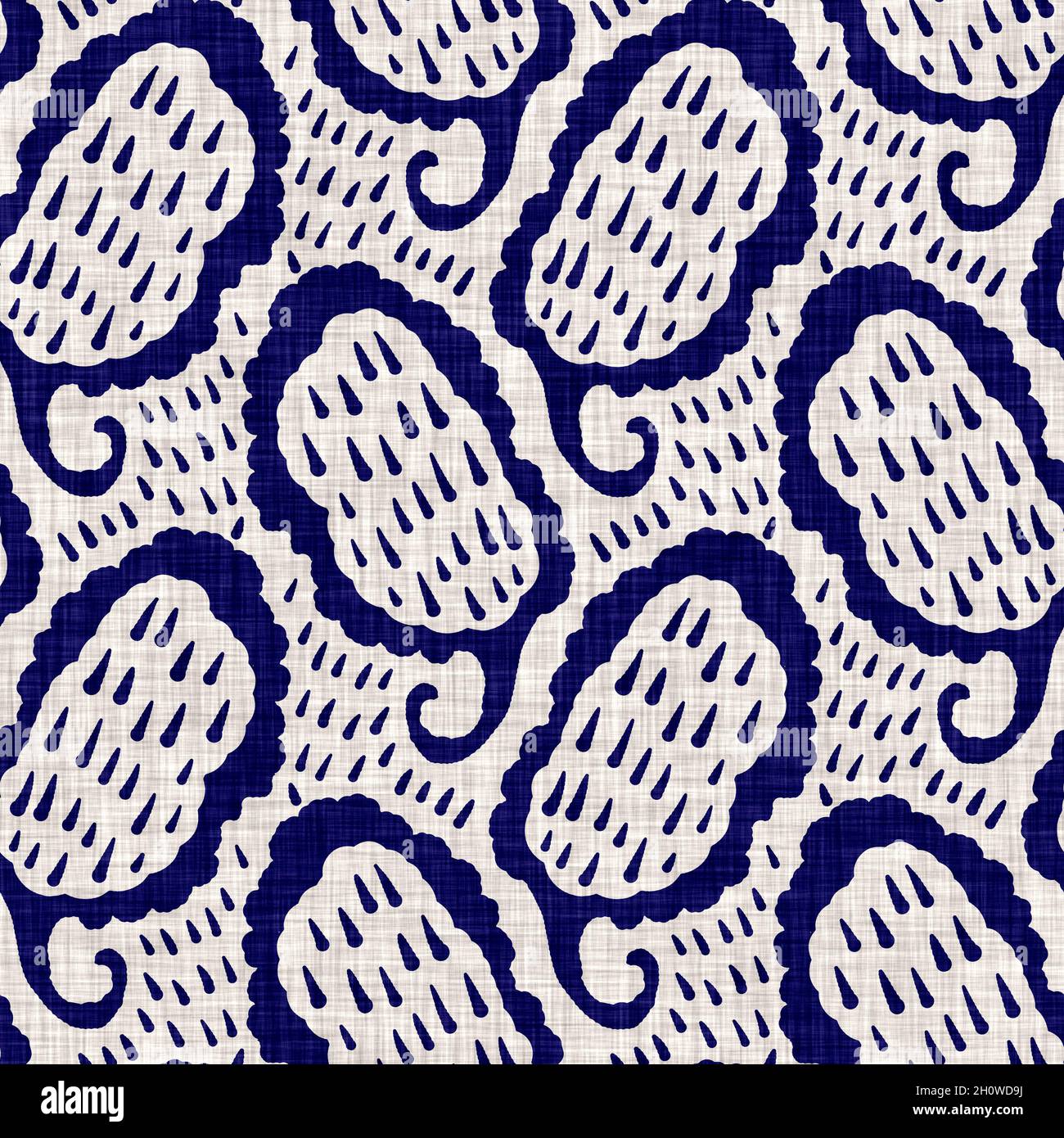 Indigo blue foliage block print dyed linen texture background. Seamless ...