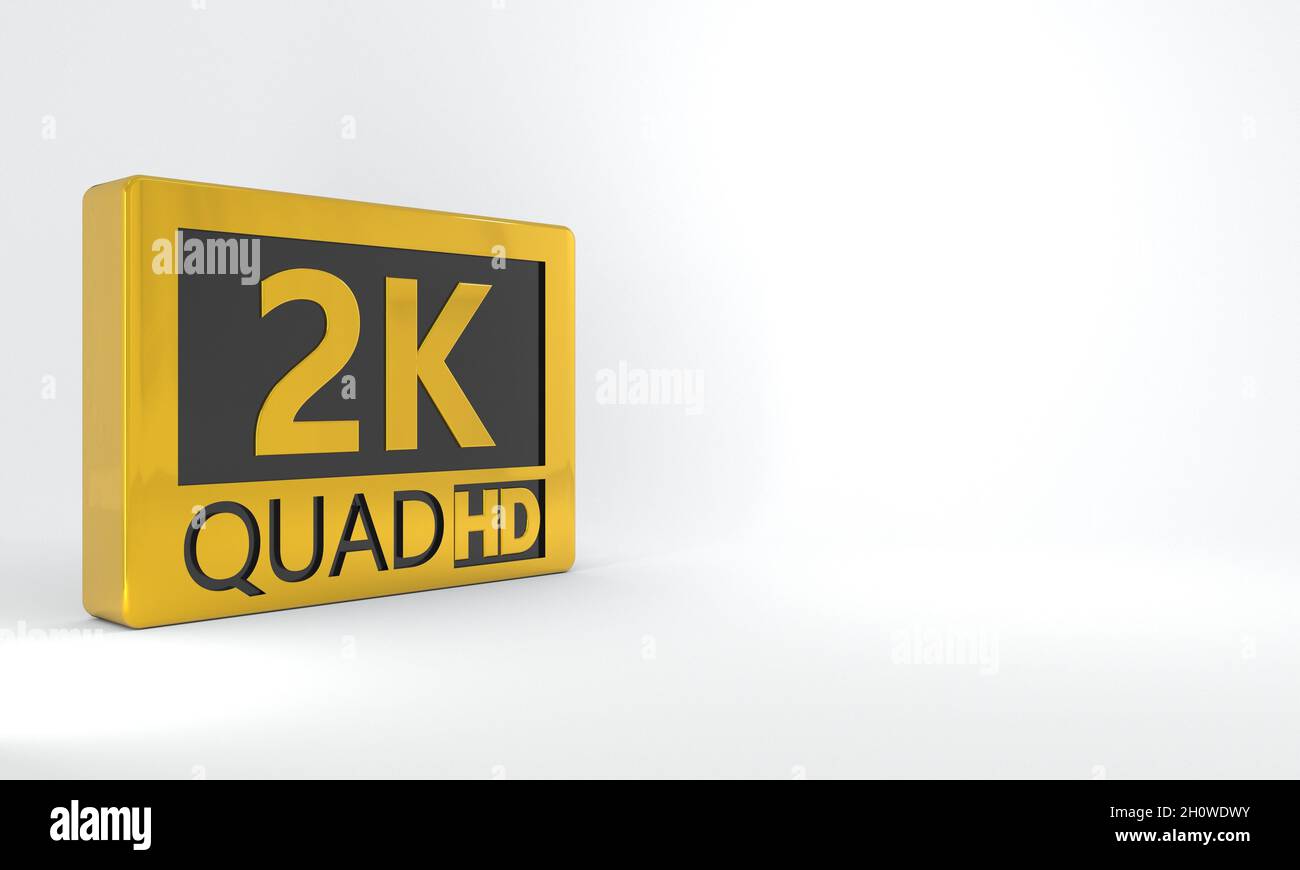 3D render of 2K quad HD on a golden tile isolated on white background ...